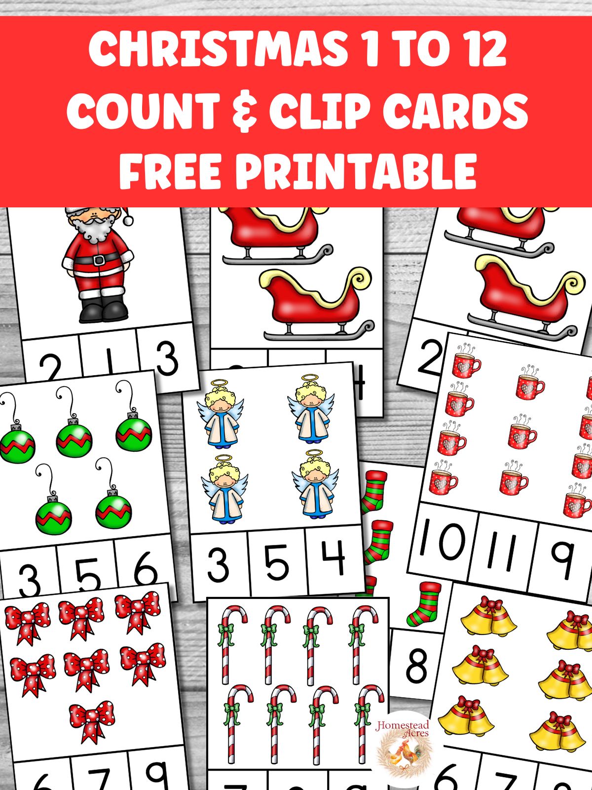 Free Printable Christmas Count And Clip Cards (1 to 12)